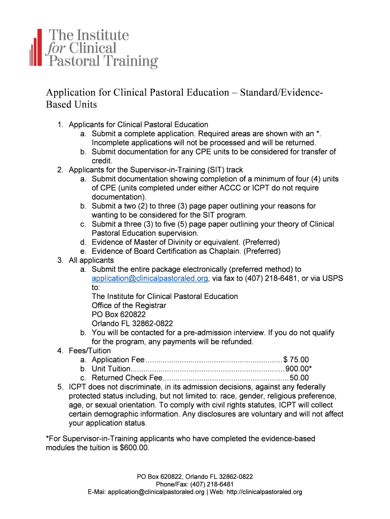 Fillable Online Application for Clinical Pastoral Education Standard ...