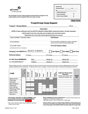 Fillable Online F-127 Troop/Girl Group Camp Reservation Form. Troops and groups in GSSJC should ...