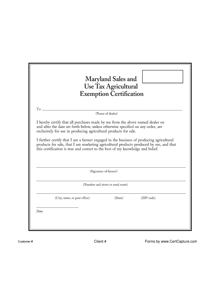 Fillable Online Maryland Sales and Use Tax Agricultural Exemption Certificate - sample 6-25-07 ...