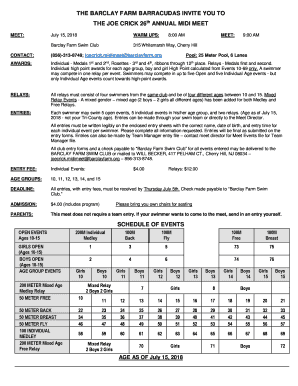 Fillable Online 2018 Joe Crick Midi Meet Entry Form - Barclay Farm Swim ...