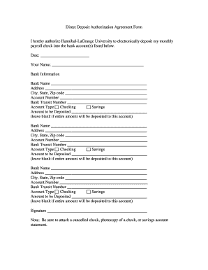 Fillable Online Direct Deposit Authorization Agreement Form Fax Email ...