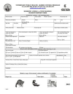 Fillable Online Domestic Animal vs Wild Animal Incident Report Form for ...