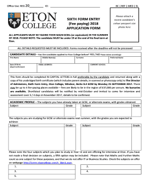 Fillable Online SIXTH FORM ENTRY (Fee paying) 2018 APPLICATION FORM Fax ...