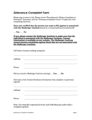 Fillable Online Grievance Complaint Form - 20160515 - Maiberger Institute Fax Email Print ...