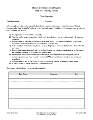 Fillable Online Hazard Communication Program Employee Training Record ...