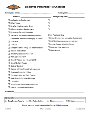 Fillable Online Employee Personnel File Checklist - Ahern Rentals Fax ...