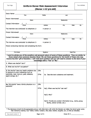 Fillable Online Uniform Donor Risk Assessment Interview (Donor 12 yrs ...