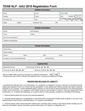 Fillable Online TEAM NLP-AAU Player Registration Form 2010 - Next Level ...