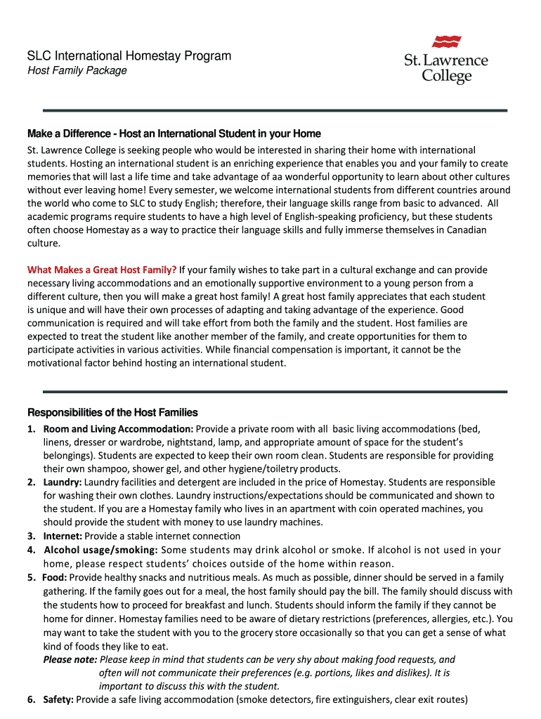 Fillable Online SLC International Homestay Program - St. Lawrence College Fax Email Print ...