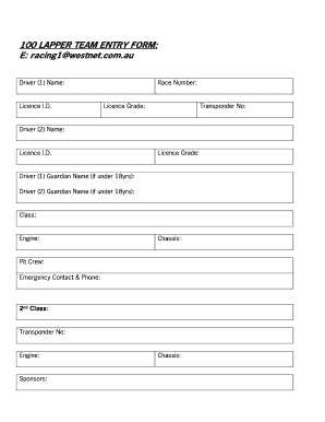 Fillable Online 100 LAPPER TEAM ENTRY FORM: E: racing1 ... - Cairns ...