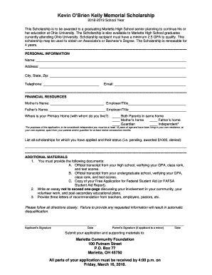 Fillable Online Kevin O'Brien Kelly Memorial Scholarship Application ...