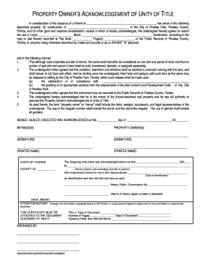 Fillable Online property owner's acknowledgement of unity of title ...