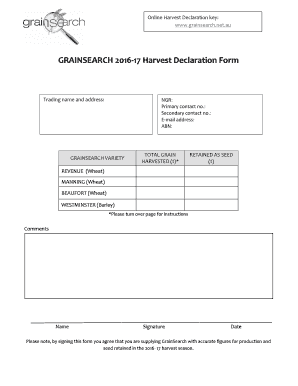 Fillable Online grainsearch net GRAINSEARCH 2016-17 Harvest Declaration ...