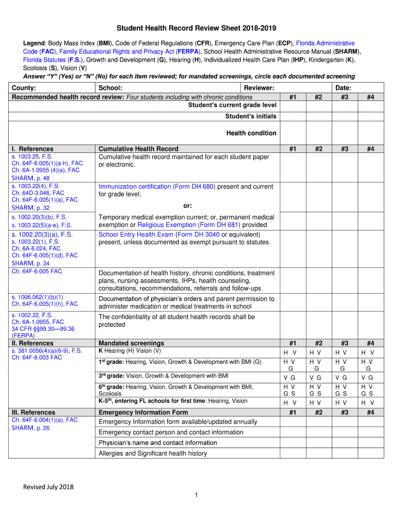Fillable Online Student Health Records Review - Florida Department of ...