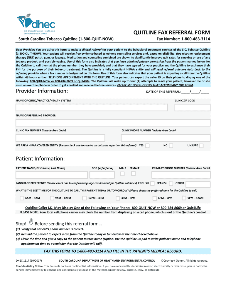 Fillable Online Quitline Fax Referral Form. Quitline Fax Referral Form ...