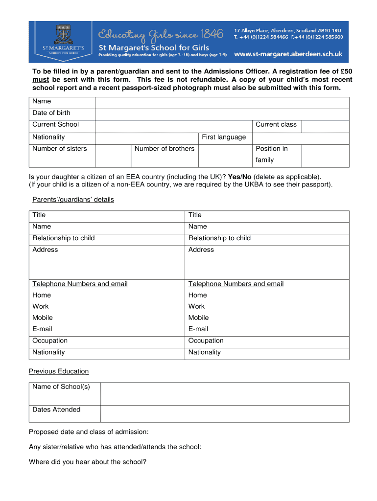 Fillable Online Registration Form - St. Margaret's School for Girls Aberdeen Fax Email Print ...