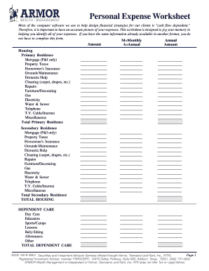 Fillable Online Personal Expense Worksheet Fax Email Print - pdfFiller
