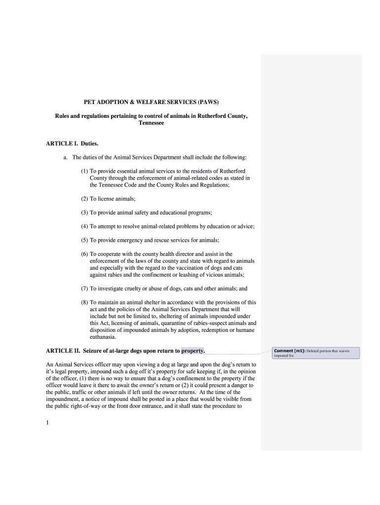 Fillable Online 1 PET ADOPTION & WELFARE SERVICES (PAWS) Rules and ...