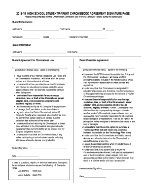 Fillable Online 2018-19 HIGH SCHOOL STUDENT/PARENT CHROMEBOOK AGREEMENT ...
