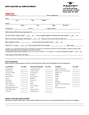 Fillable Online APPLICATION for EMPLOYMENT - Brahma Group, Inc. Fax Email Print - pdfFiller