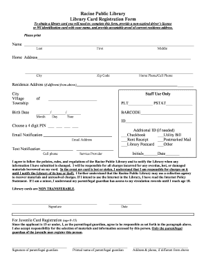 Fillable Online Racine Public Library Library Card Registration Form ...