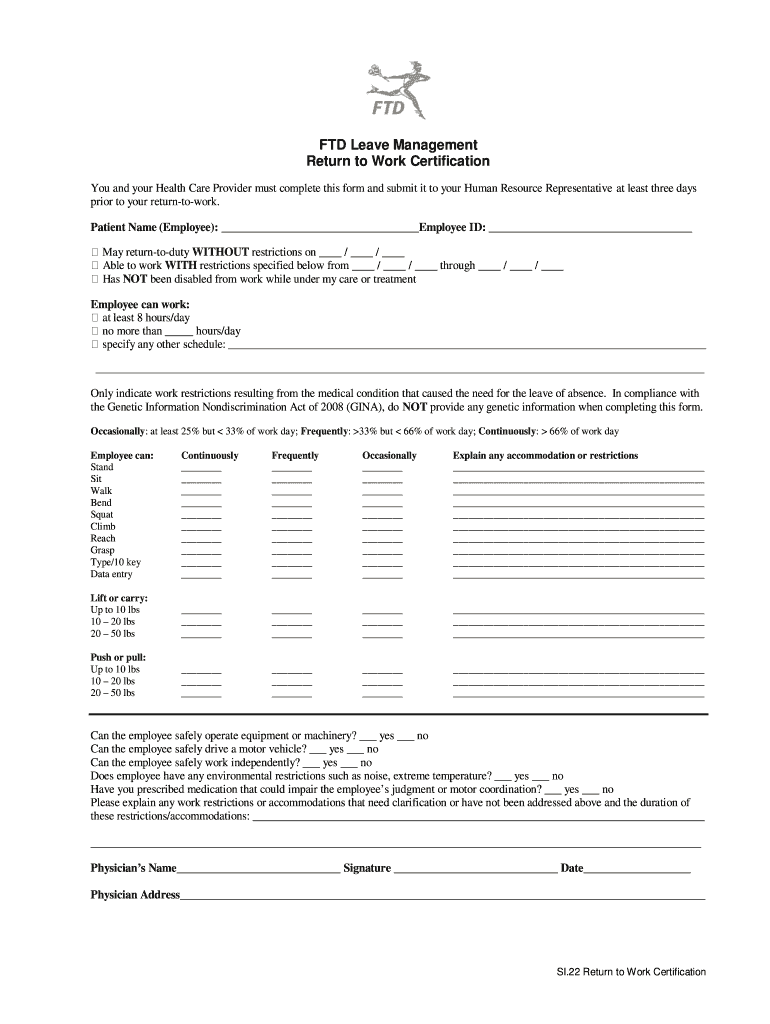 Fillable Online RETURN TO WORK ASSESSMENT FMLA Leave - ADP Fax Email ...