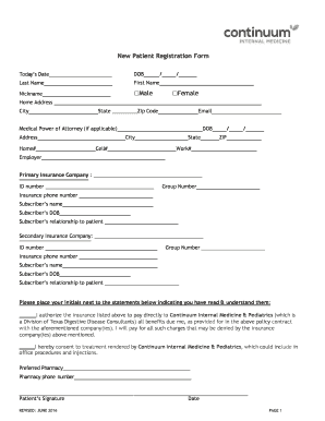 Fillable Online New Patient Registration Form Male Female - Continuum ...