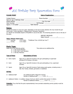 Fillable Online JCC Birthday Party Reservation Form Fax Email Print ...