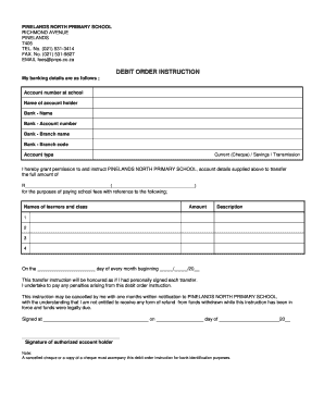 Fillable Online debit order instruction - Pinelands North Primary ...