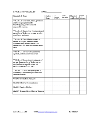 Fillable Online EVALUATION CHECKLIST NAME Standards amp Goals Student ...