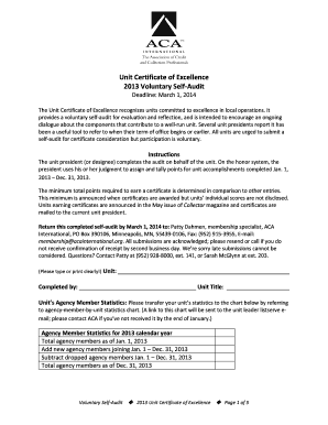 Fillable Online acainternational Unit Certificate of Excellence Self ...
