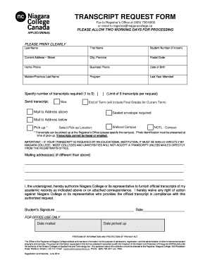 Fillable Online nicole niagaracollege REQUEST FOR TRANSCRIPT - Niagara ...