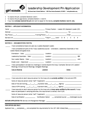 Fillable Online girlscoutshcc Leadership Development Pin Application ...