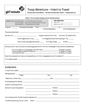 Fillable Online girlscoutshcc Intent to Travel - Girl Scouts Heart Of ...