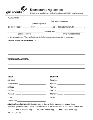 Fillable Online girlscoutshcc Sponsorship Agreement - Girl Scouts Heart ...