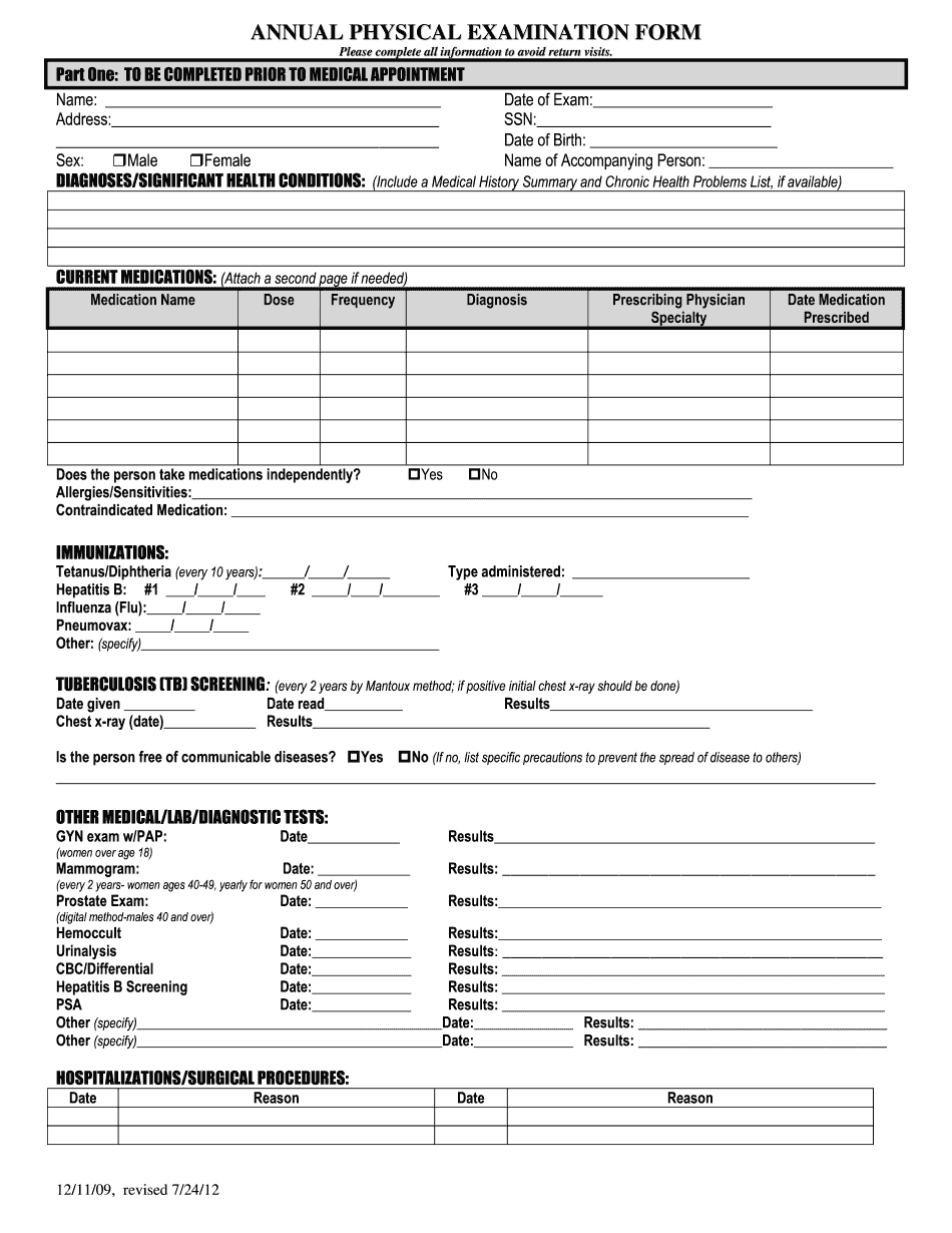 PA Annual Physical Examination Form 2023 Printable Blank PDF Online