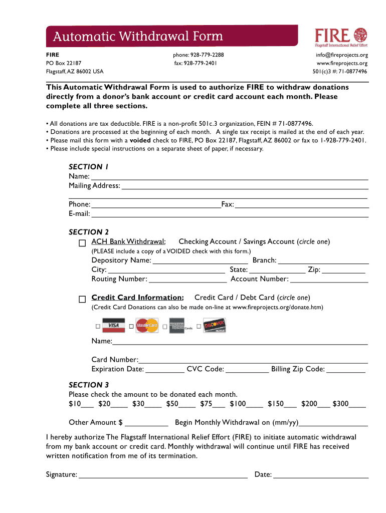 Fillable Online fireprojects Auto Withdraw Form - FIRE - Flagstaff International Relief Effort ...