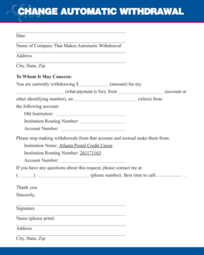 Fillable Online CHANGE AUTOMATIC WITHDRAWAL - Atlanta Postal Credit ...