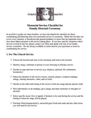 Fillable Online Memorial Service Checklist for Fax Email Print - pdfFiller