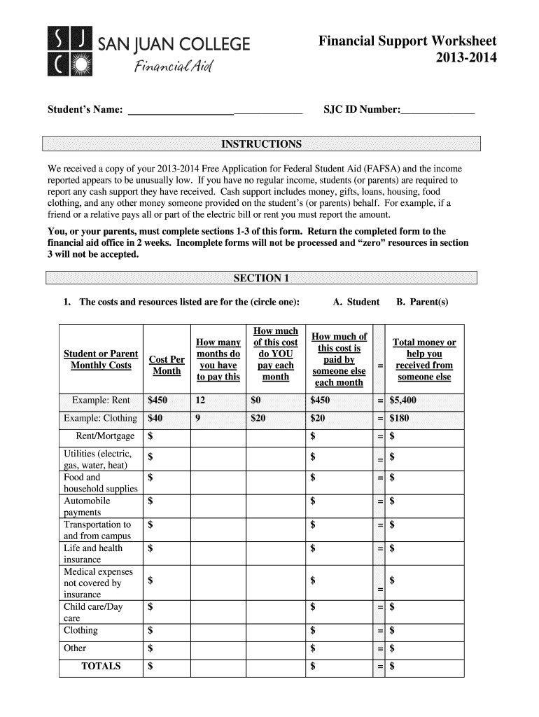 Fillable Online sanjuancollege 2013-2014 Financial Support Worksheet ...