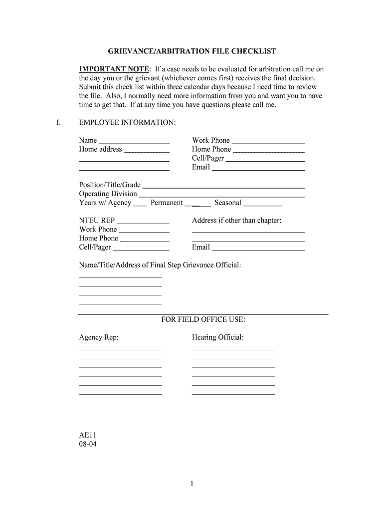 Fillable Online GRIEVANCEARBITRATION FILE CHECKLIST IMPORTANT NOTE Fax ...