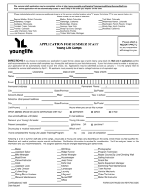 Fillable Online kalamazoo younglife SummerStaffApplicationYL6003 ...
