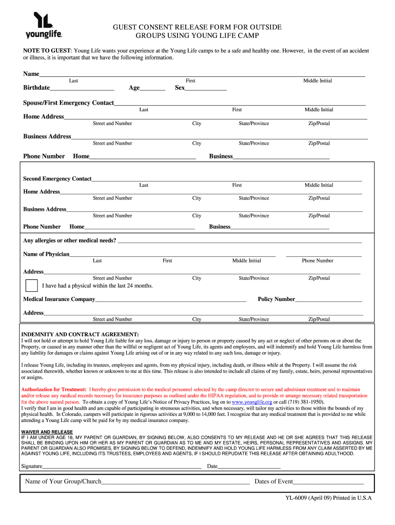 Fillable Online YOUNG LIFE CONSENT FORM - Young Life Camp Fax Email ...
