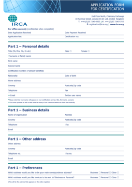 Fillable Online irca APPLICATION FORM FOR CERTIFICATION - Home - irca ...