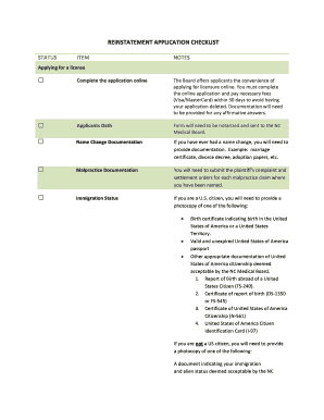 Fillable Online ncmedboard REINSTATEMENT APPLICATION CHECKLIST Fax ...