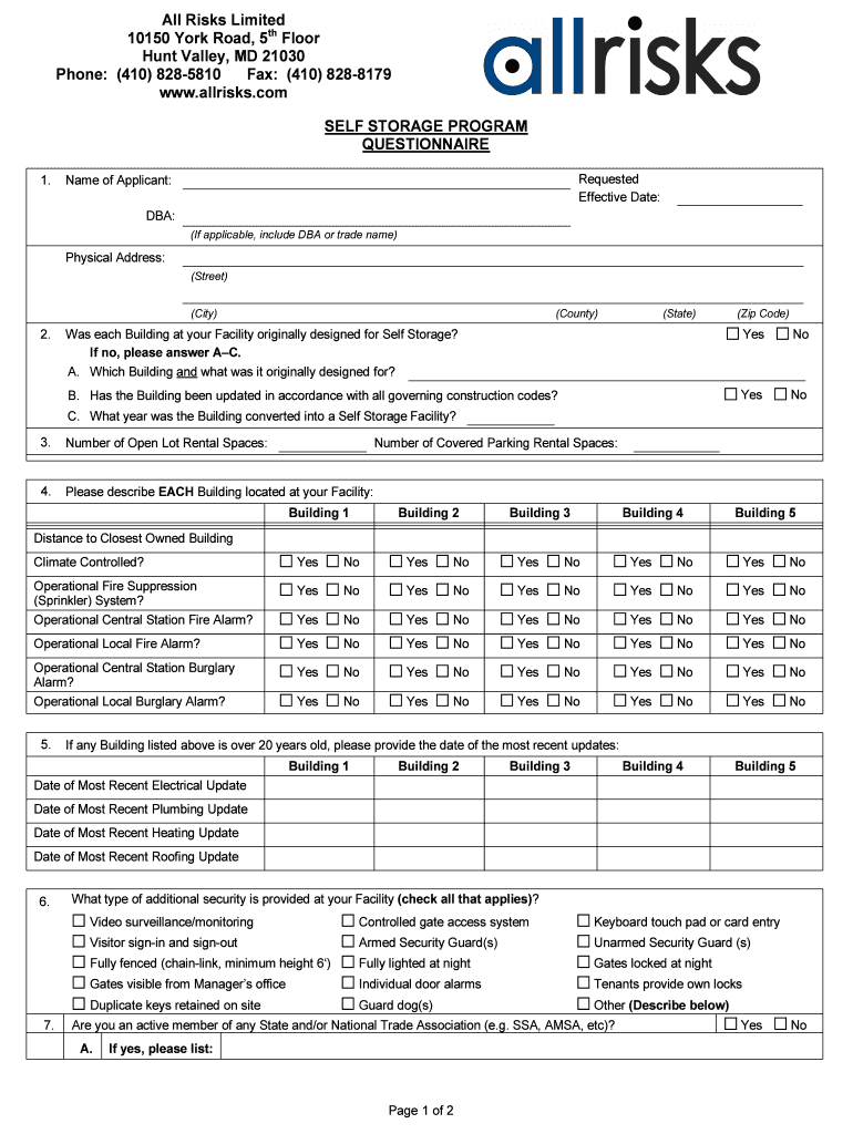 Fillable Online Storage Facilities Questionnaire - All Risks Fax Email ...