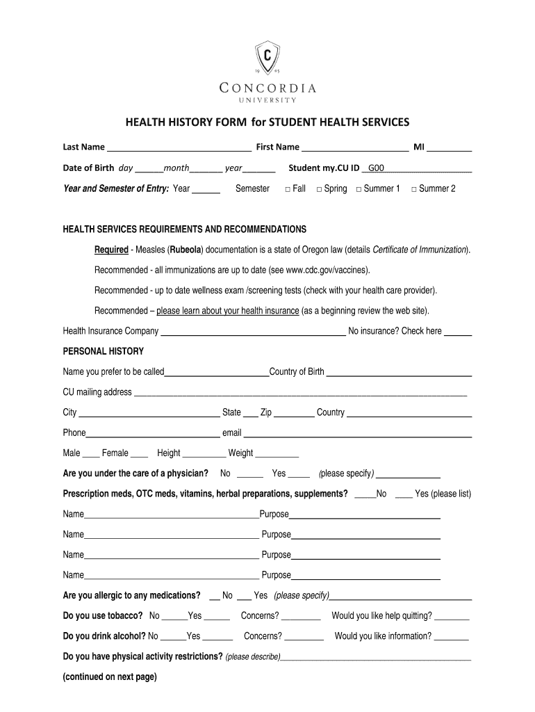 Fillable Online cu-portland HEALTH HISTORY FORM for STUDENT HEALTH ...