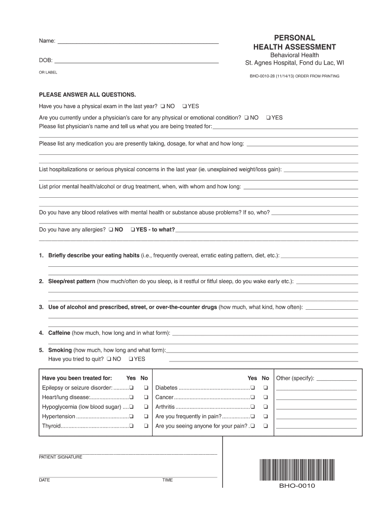 Fillable Online PERSONAL HEALTH ASSESSMENT - Agnesian Fax Email Print ...