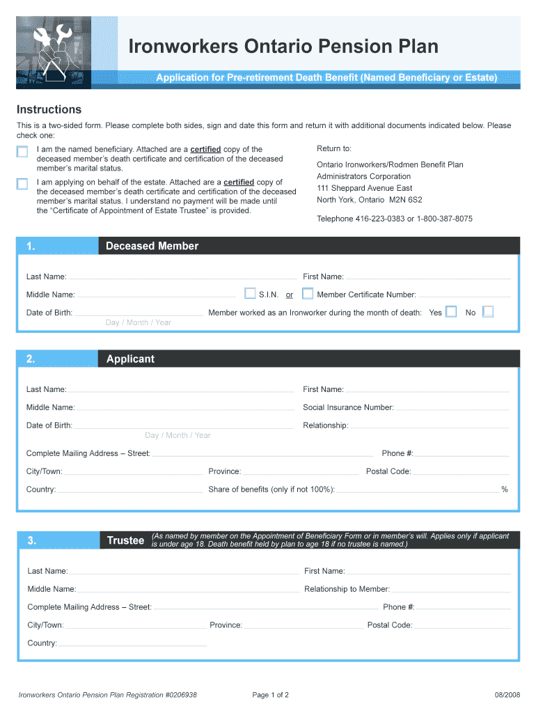 Fillable Online Application for Pre-retirement Death Benefit ...