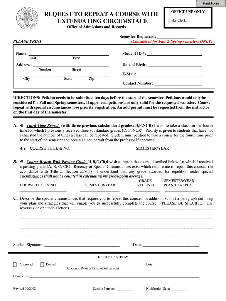 Fillable Online elac cc ca 12 Request to Repeat Course with Extenuating ...